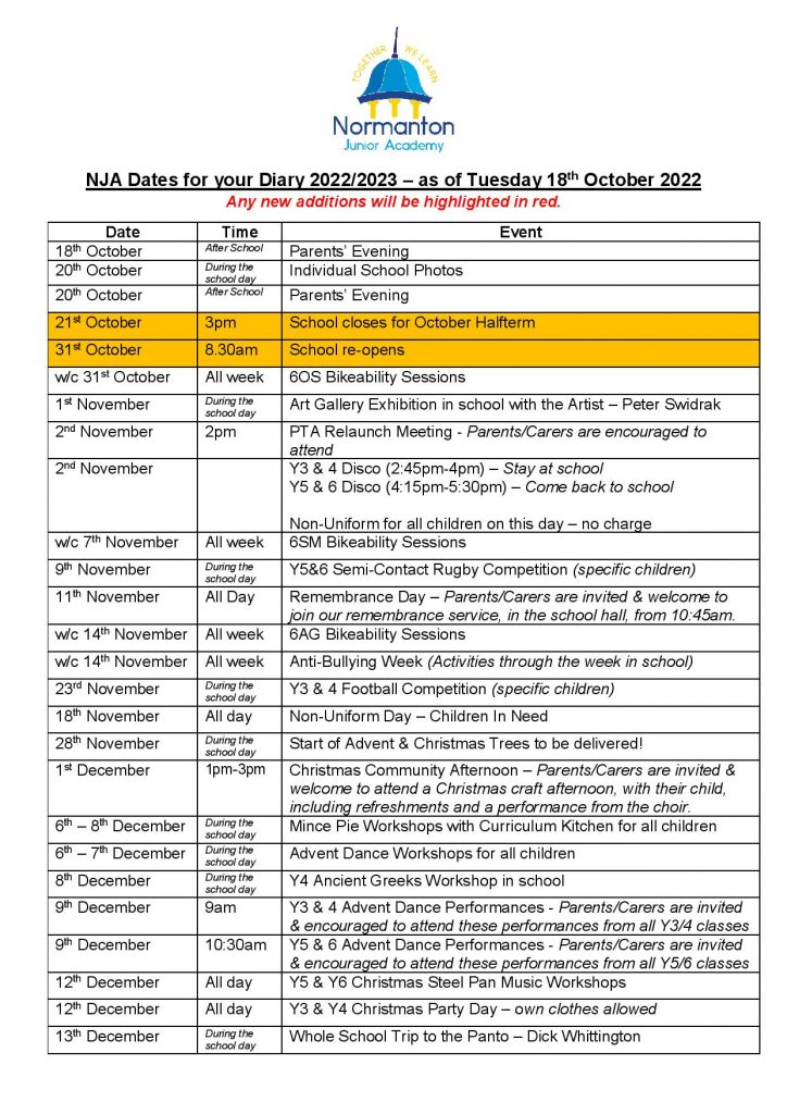 Diary Dates - Normanton Junior Academy