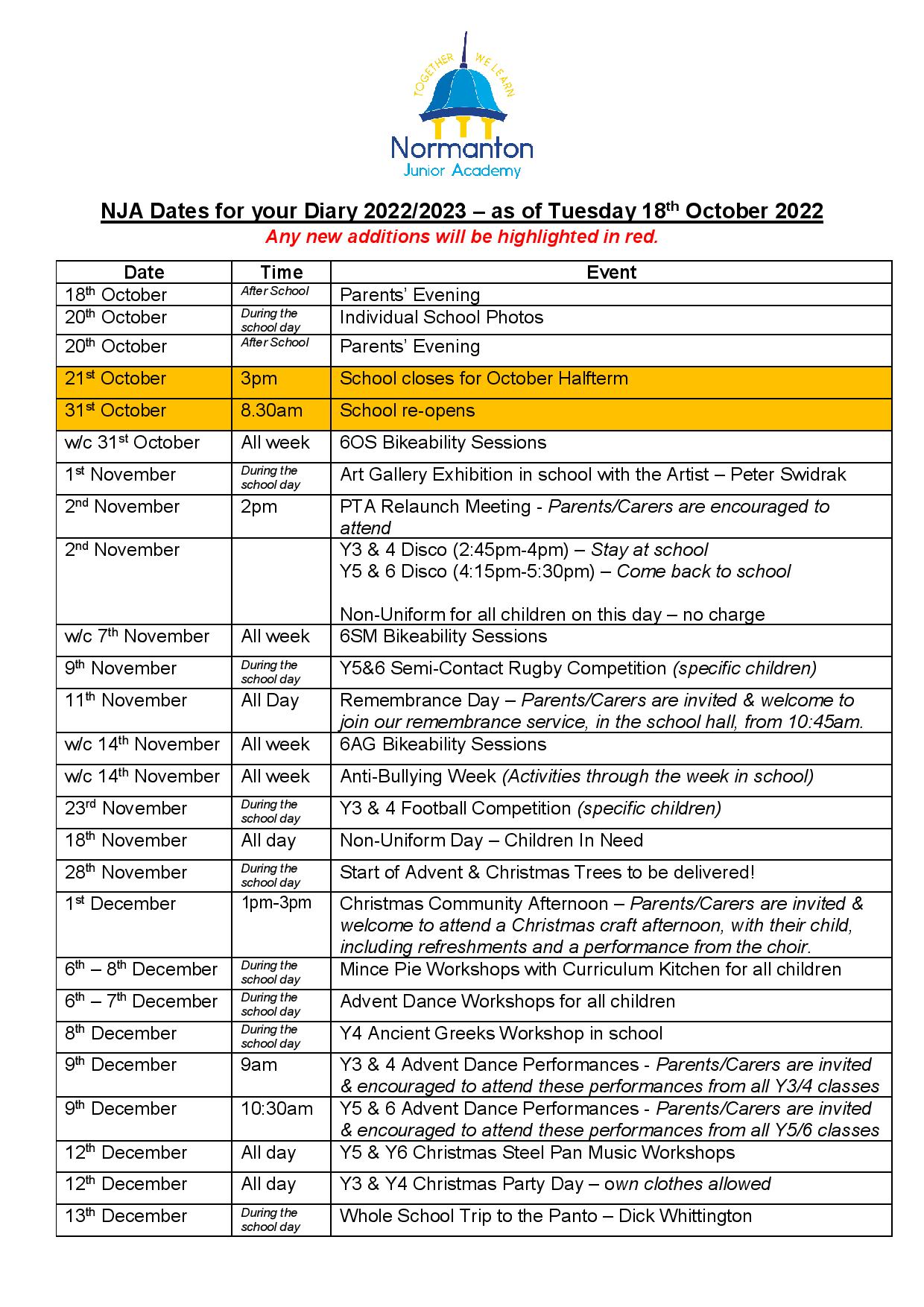 Diary Dates - Normanton Junior Academy