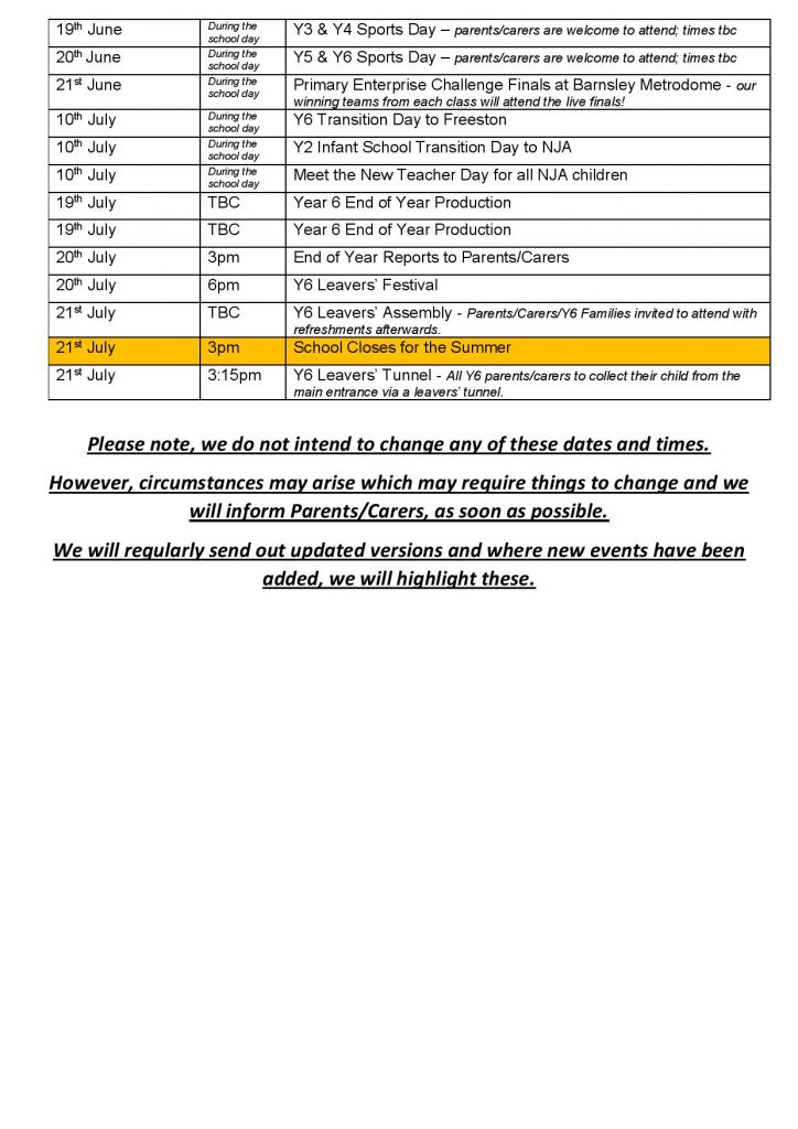 Diary Dates - Normanton Junior Academy