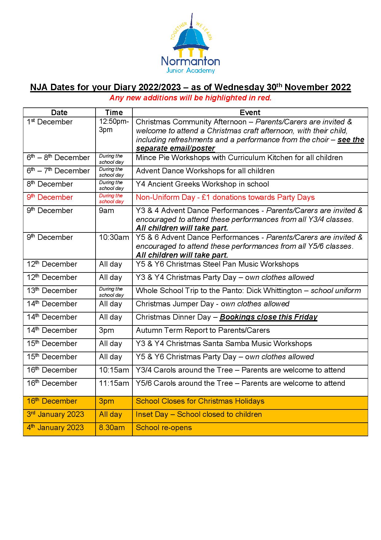 Diary Dates - Normanton Junior Academy