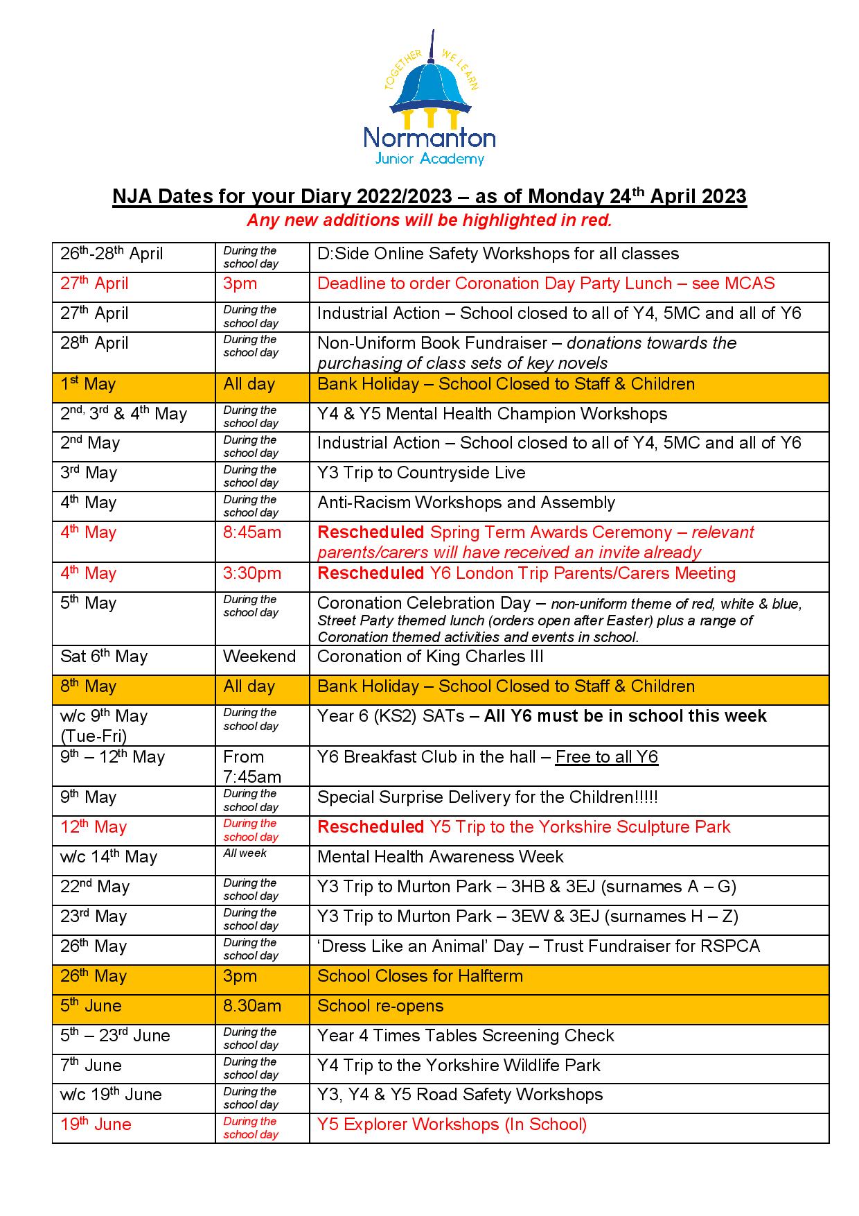 Diary Dates - Normanton Junior Academy