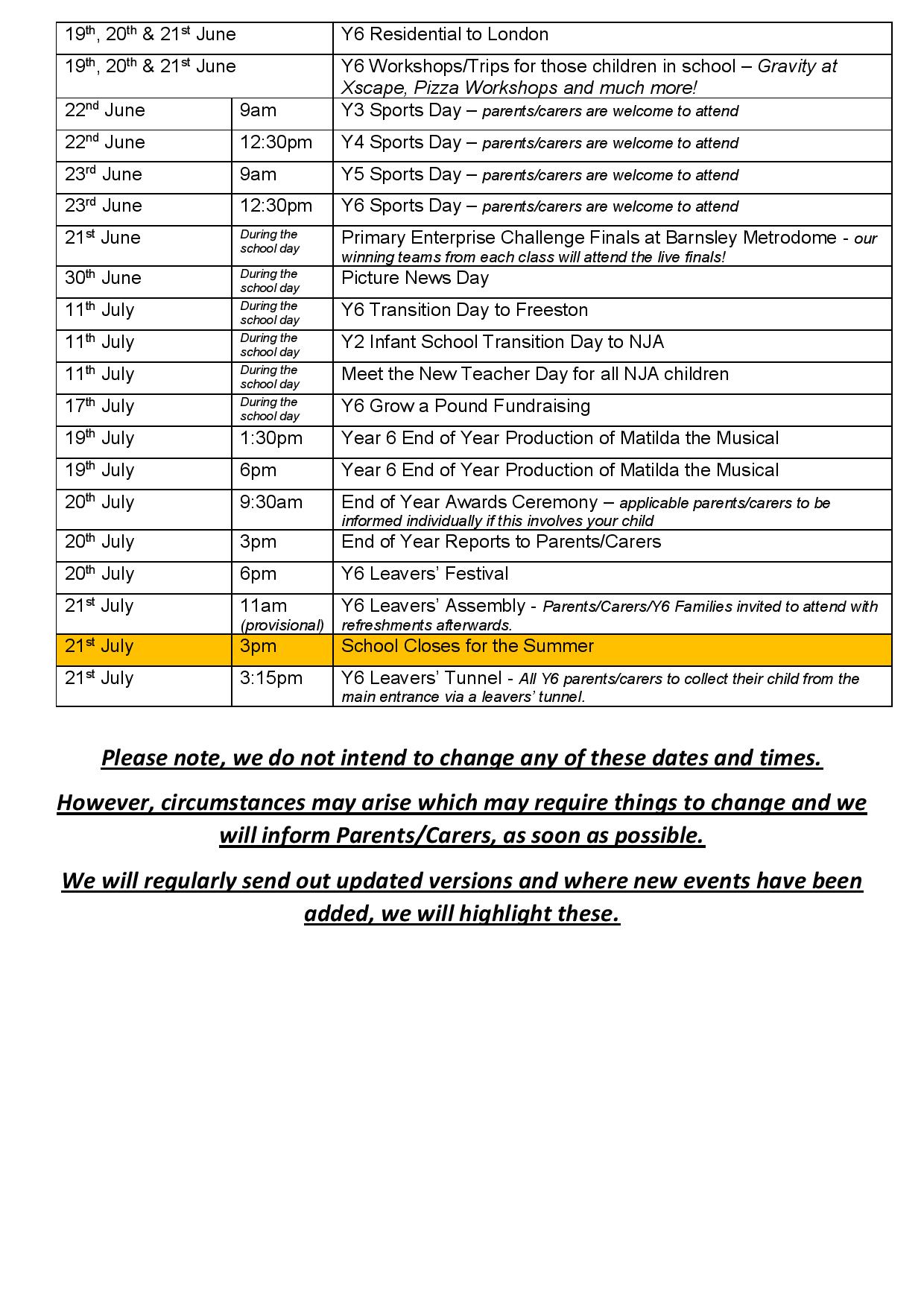 Diary Dates - Normanton Junior Academy