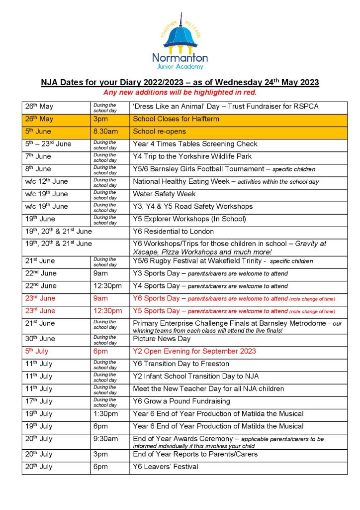 Diary Dates - Normanton Junior Academy