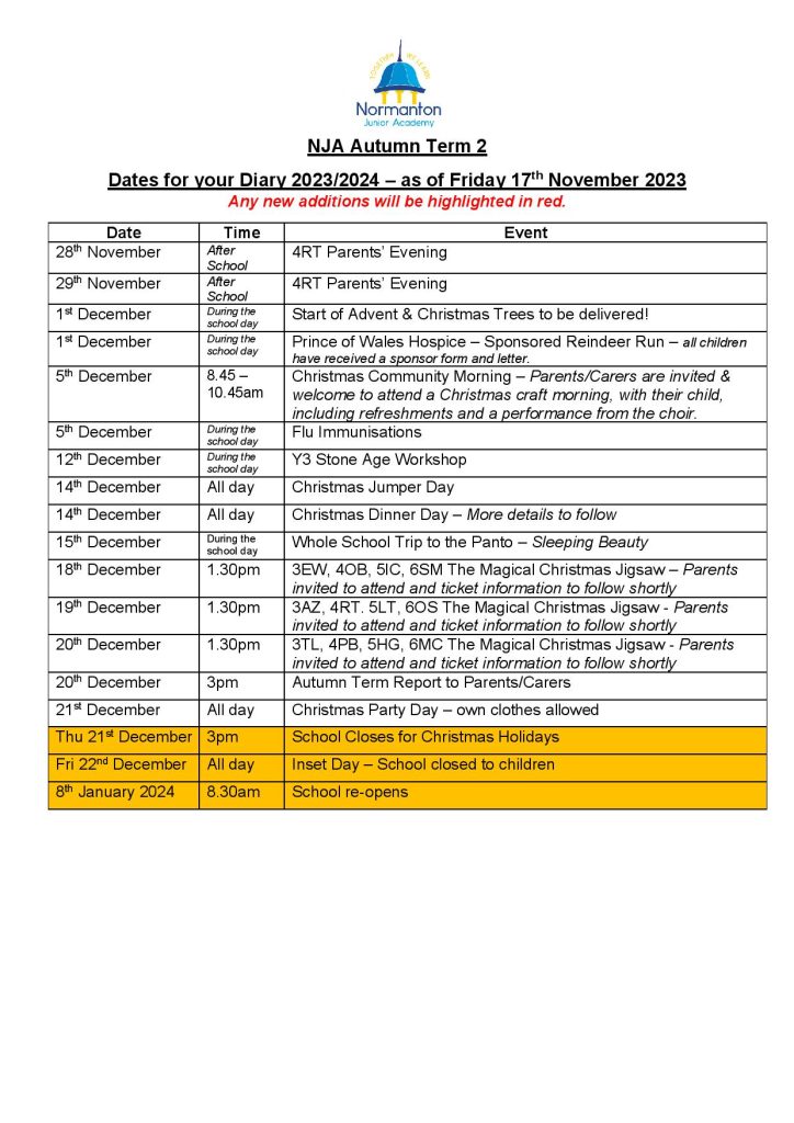 Diary Dates - Normanton Junior Academy