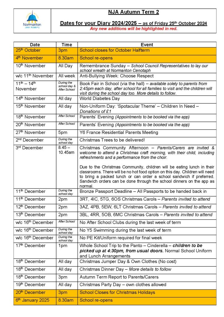 Diary Dates - Normanton Junior Academy