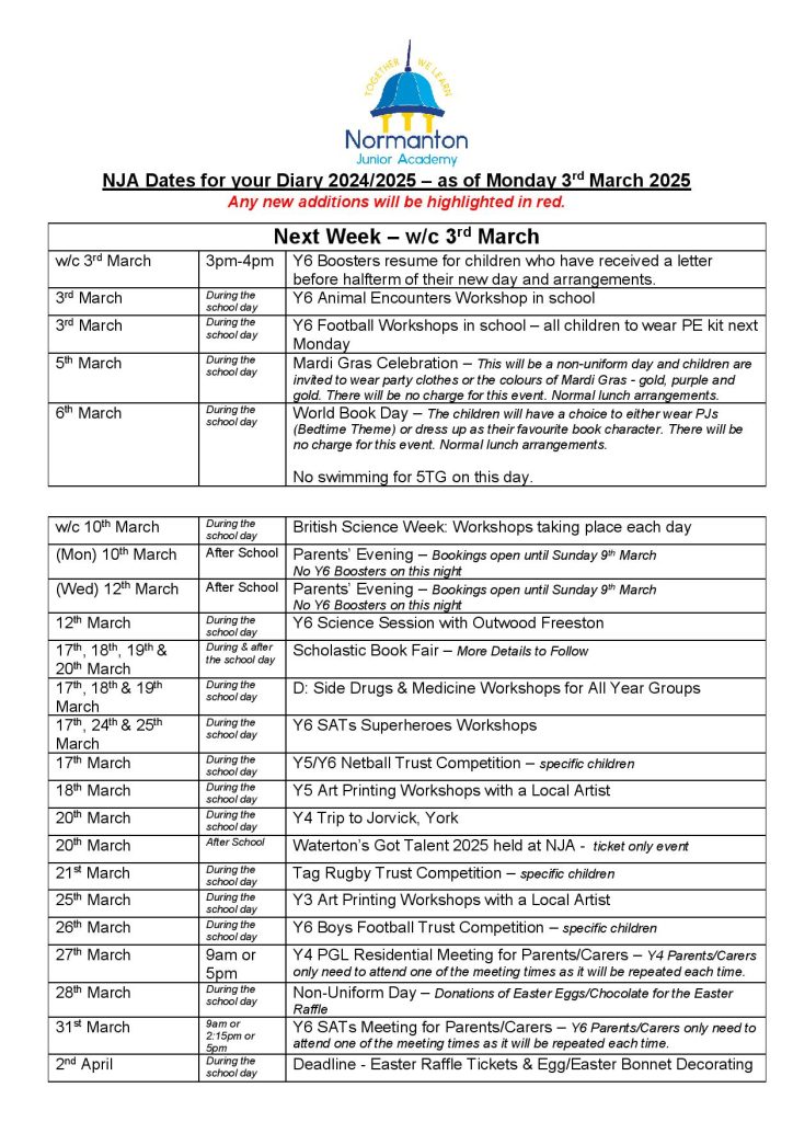 Key Dates - Normanton Junior Academy