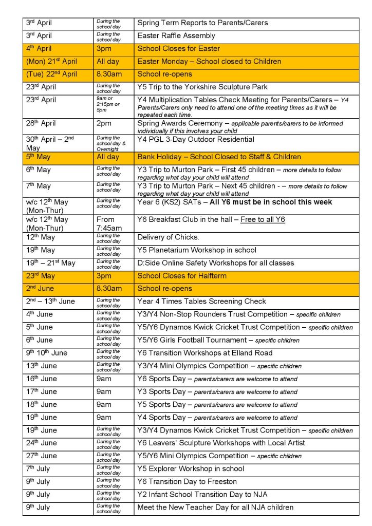 Key Dates - Normanton Junior Academy