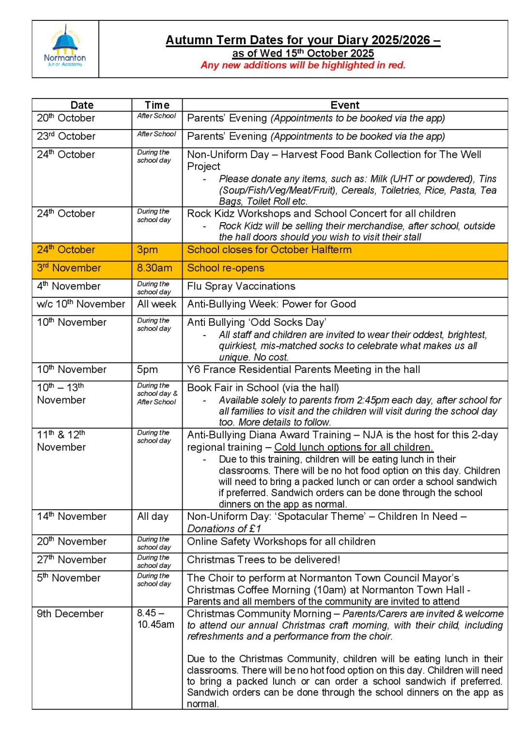 Key Dates - Normanton Junior Academy
